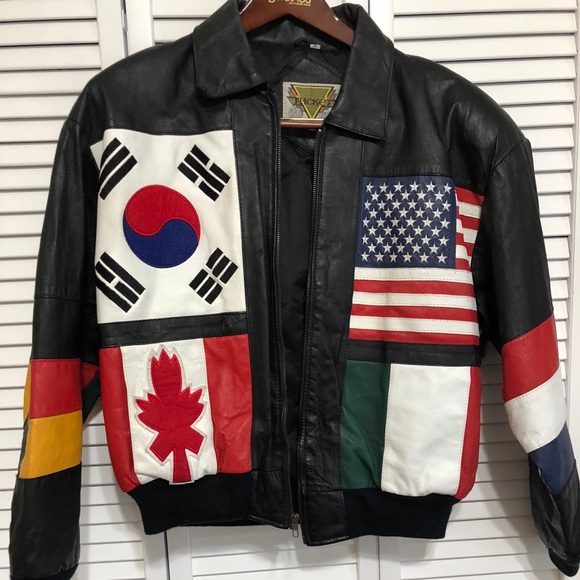 Phase 2 | Jackets & Coats | Vintage Multinational Flag Leather Jacket ...